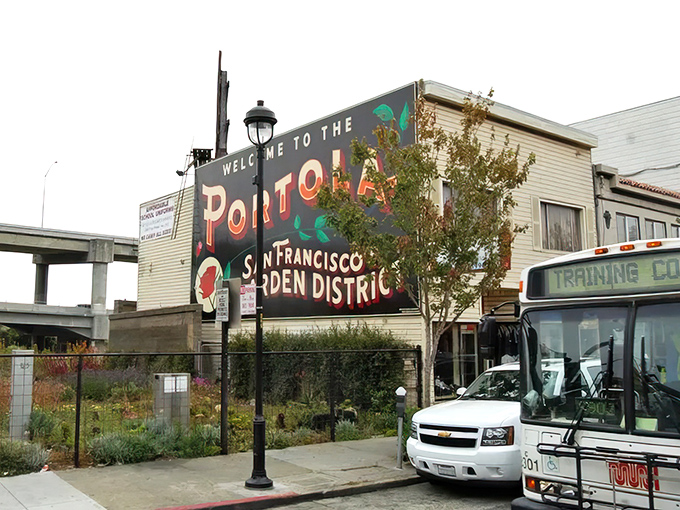 Even under cloudy skies, Portola's mural shines with neighborhood pride. That bus is probably carrying hipsters from the city!