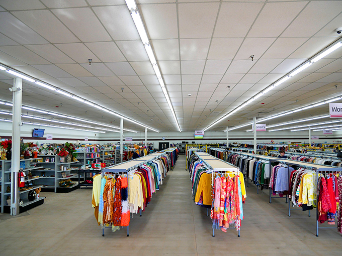Inside, endless racks of clothing stretch toward the horizon – a secondhand shopper's dream come true.