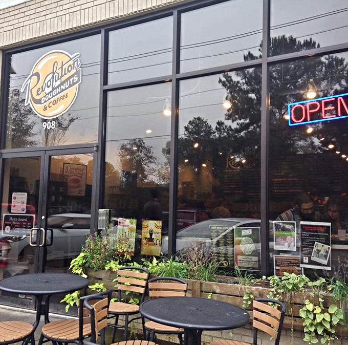 The outdoor seating at Revolution invites you to linger, because some donuts deserve to be savored rather than rushed.