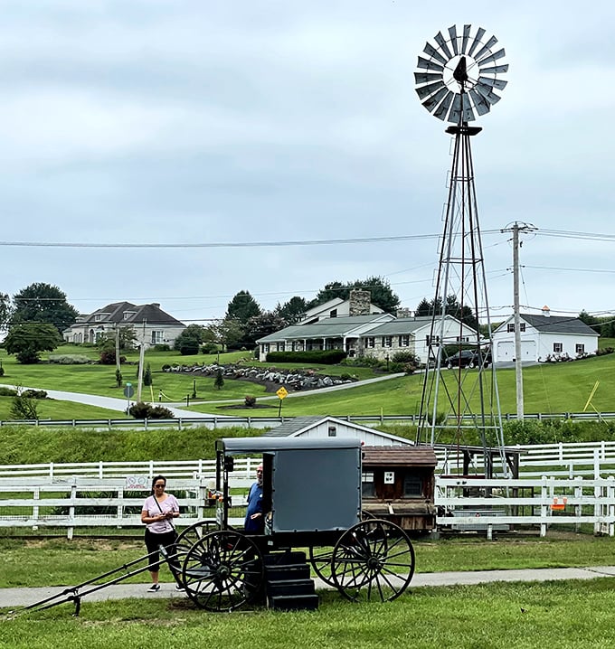 That classic windmill spins tales of self-sufficiency while Amish buggies remind us that some traditions never go out of style.