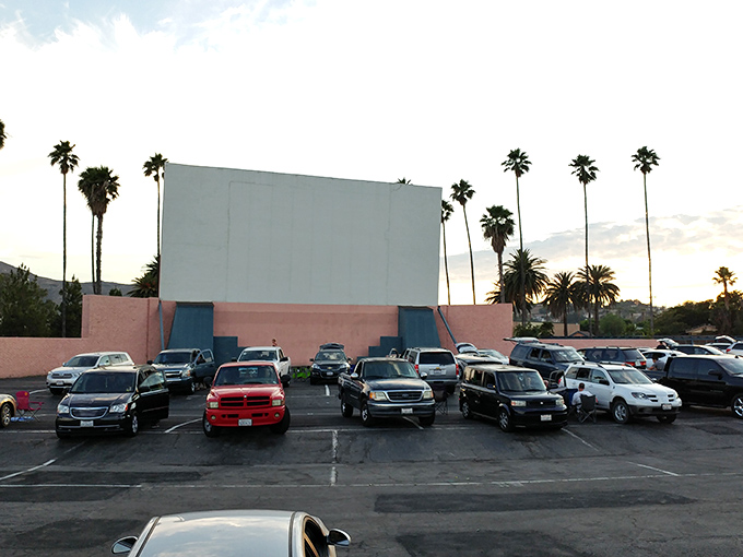 Palm trees stand like sentinels around Rubidoux's pink-based screen, California's natural beauty competing with Hollywood's manufactured magic.