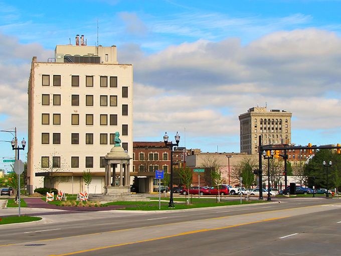 The iconic Saginaw skyline features architectural gems from its prosperous past, now offering affordable living in a historic setting.