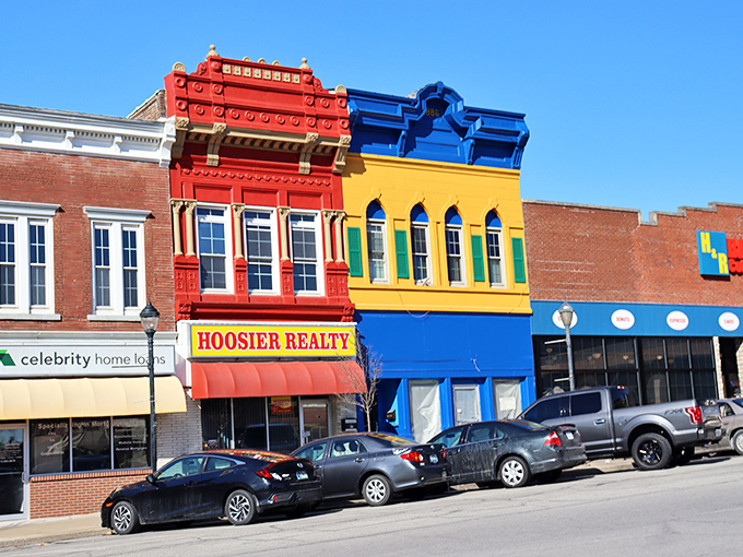 Explore these charming, colorful storefronts in Salem, where you can admire the bright red and yellow facades while walking downtown.