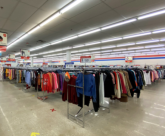 Row after row of clothing racks create a textile maze that could keep you wandering happily.