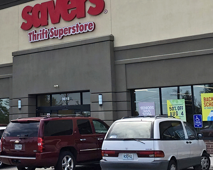 Even from the parking lot, those "50% OFF" signs in Savers' windows promise a day of delightful discoveries inside.