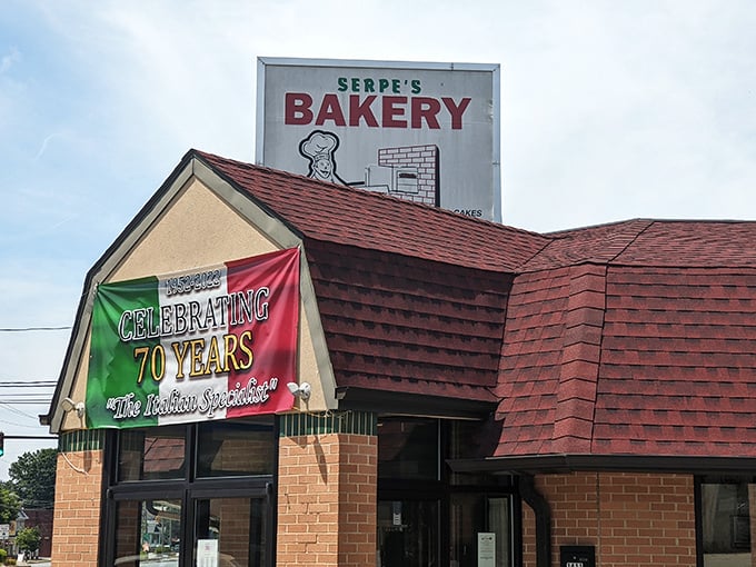 Seventy years of perfecting pastries - Serpe's anniversary banner celebrates a lifetime of deliciousness.