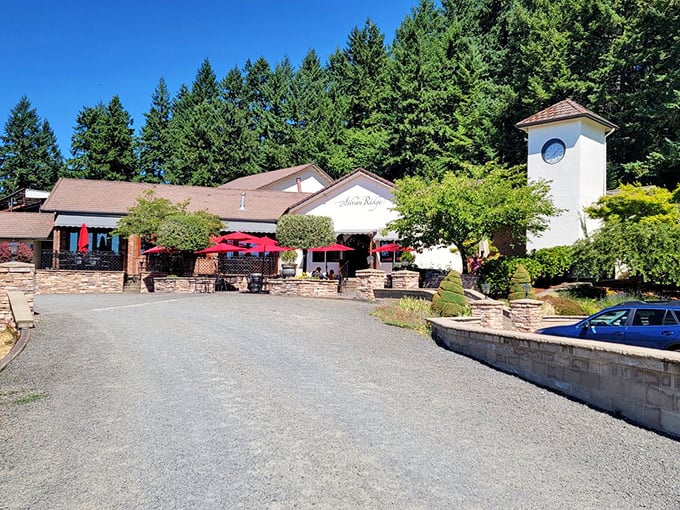 Charming bell tower architecture brings European elegance to Oregon's rolling wine country landscape.