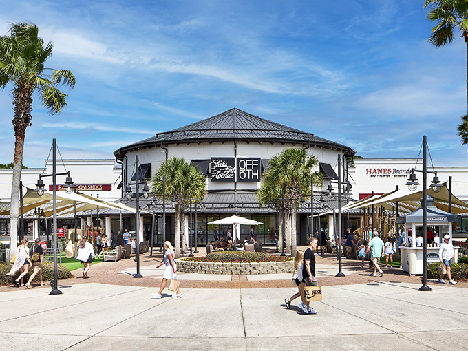 Those tent-like structures provide shade while you ponder life's important questions, like "Nike or Adidas?"
