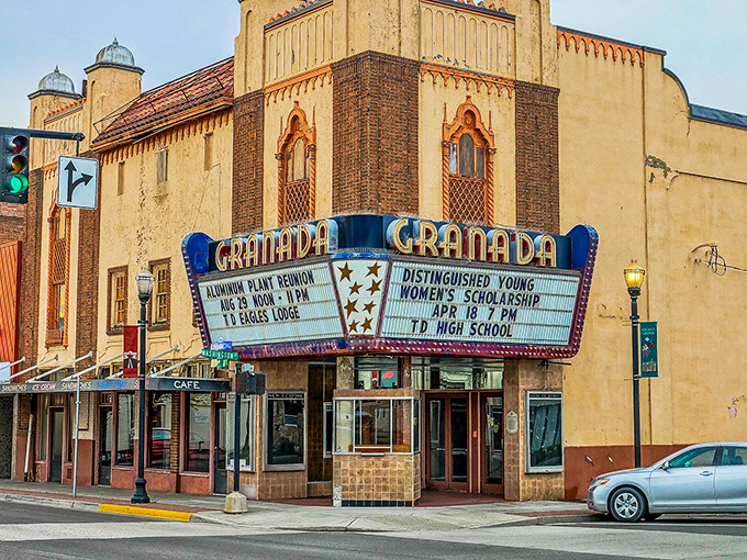 The iconic Granada Theater marquee lights up The Dalles' downtown, a beacon of entertainment since the golden age of cinema.