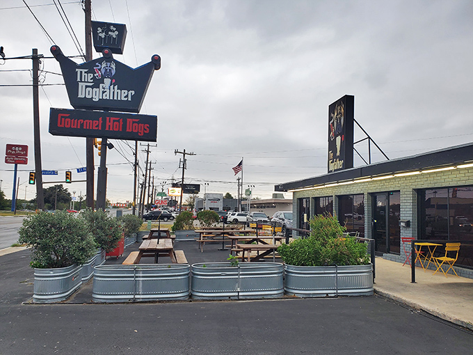 Under those patio umbrellas, hot dog magic happens at The Dogfather, where outdoor dining feels less like fast food and more like a backyard celebration.