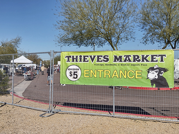 Behind that playful banner lies a world where vintage meets handmade in perfect harmony under desert skies.