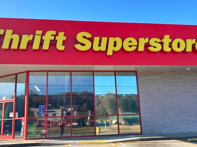 Thrift Superstore's bright red trim frames a window to bargain paradise. The name doesn't lie&mdash;it's super in every way.