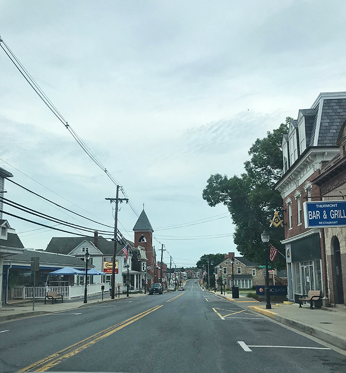 Thurmont's peaceful main street stretches toward the mountains, offering visitors a perfect gateway to outdoor adventures.