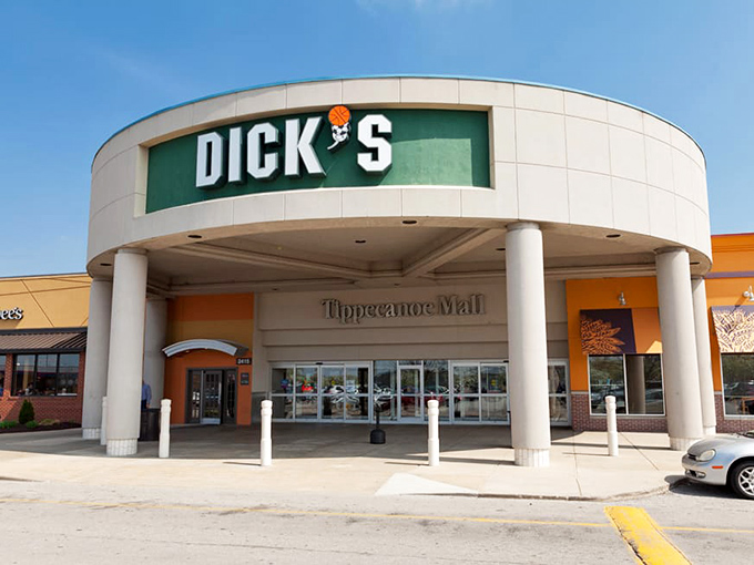 Columns lead the way to gear galore at Dick&rsquo;s Sporting Goods, anchoring Tippecanoe Mall near Purdue University. A longtime staple for athletes and shoppers alike!