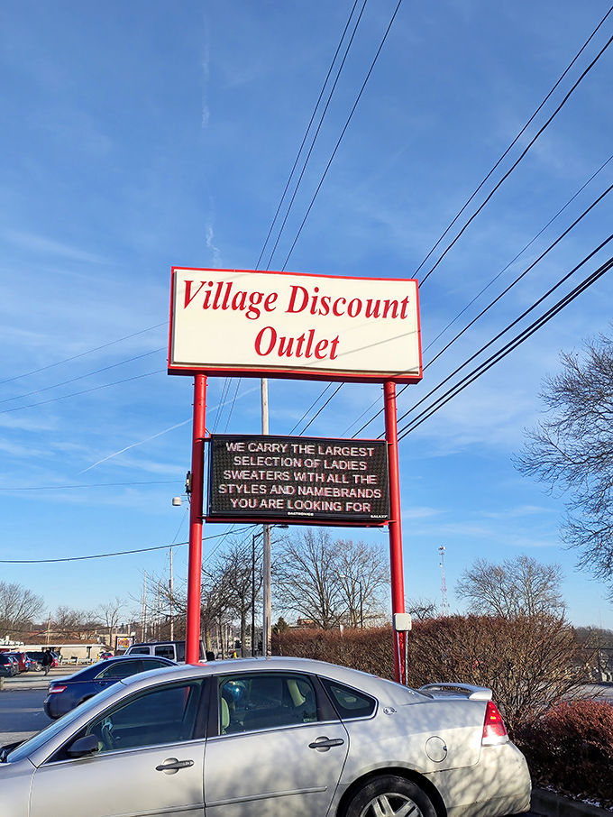 That massive sign boldly advertising ladies' sweaters is like a beacon of hope for anyone seeking cozy winter warmth on a budget.