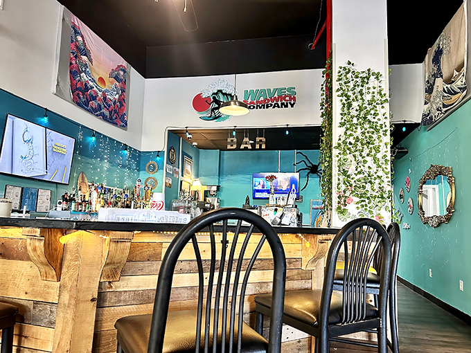 The turquoise walls and wave artwork inside create a beach escape right in the heart of Hopewell.