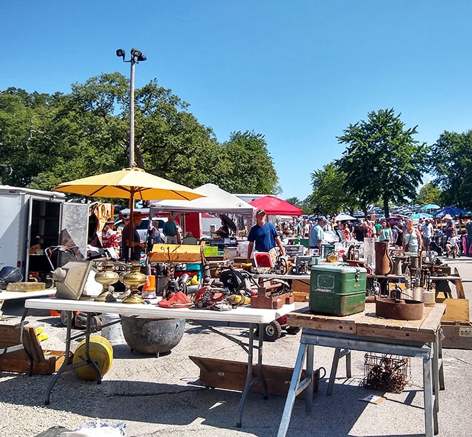 Tables loaded with potential treasures under a perfect Missouri sky. The thrill of the hunt is what brings people back weekend after weekend.
