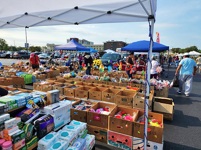 Outdoor market stalls create colorful mazes of possibilities under blue suburban skies.