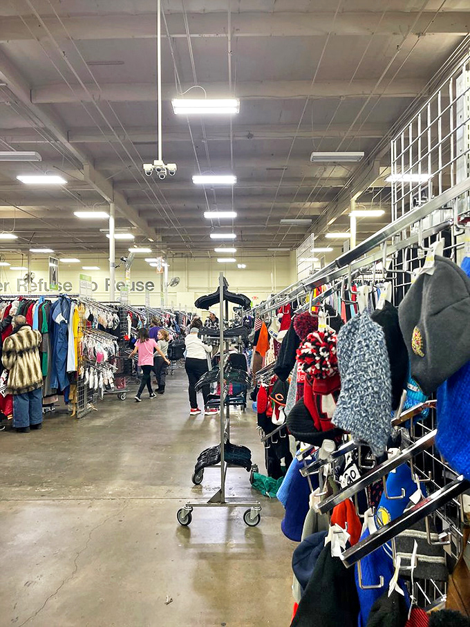 The clothing section stretches into infinity, where fashion trends from every decade coexist in a time-traveling department store of possibilities.