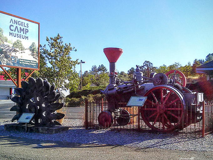 Outside the Angels Camp Museum, mining equipment that once extracted fortunes now extracts only curiosity and appreciation from visitors.