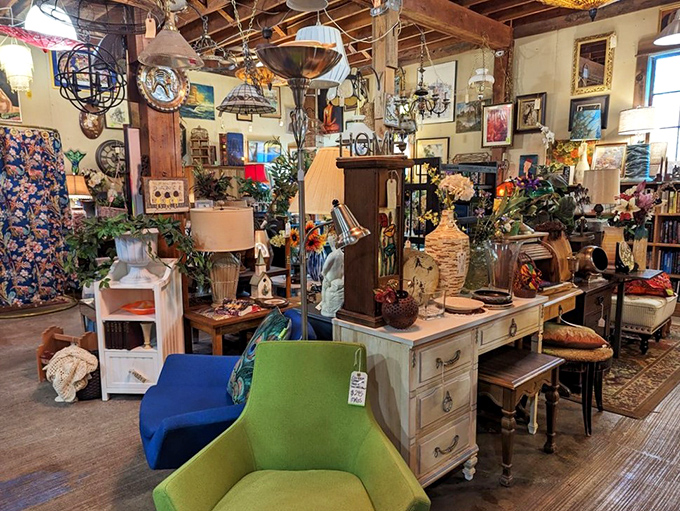 Furniture vignettes create rooms within rooms. That lime green chair isn't just seating &ndash; it's a statement your living room might be ready to make.