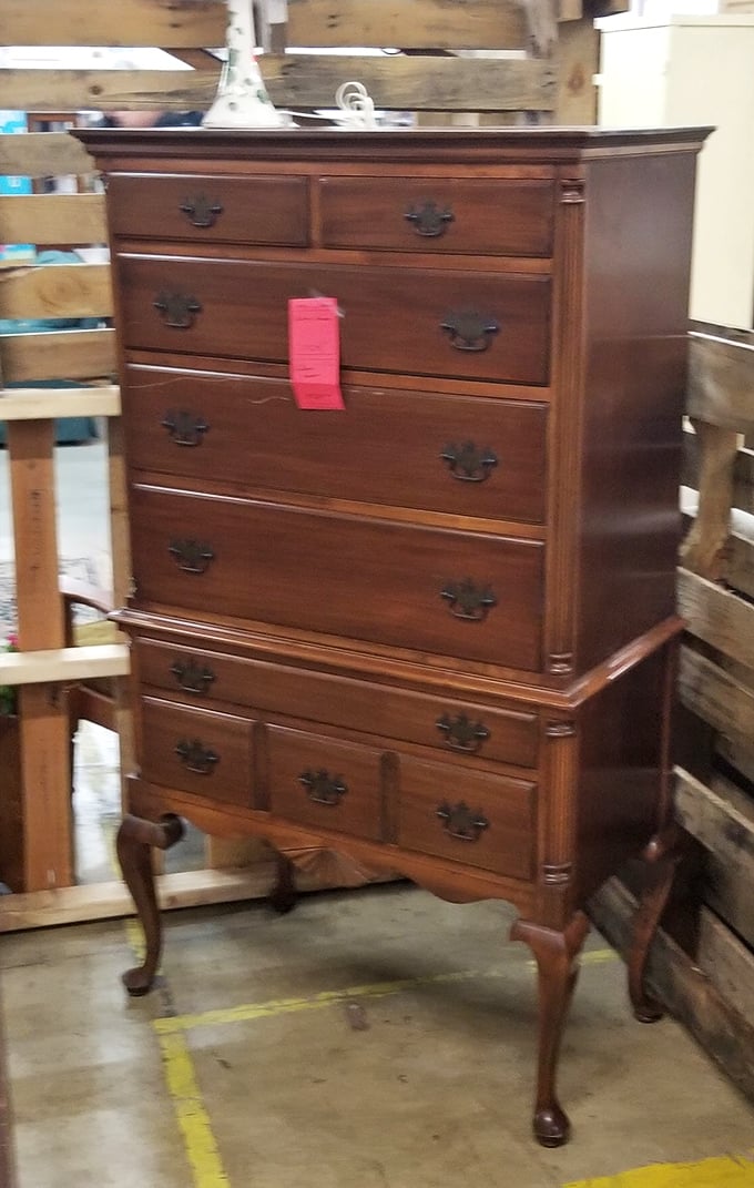 Grandma's dresser has competition! This Queen Anne-style highboy chest would cost a fortune new but awaits adoption at a fraction of retail.