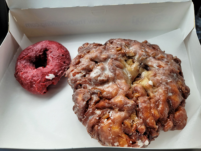 An apple fritter and red velvet donut that could make grown adults fight over the last bite. Size matters when it comes to pastries.
