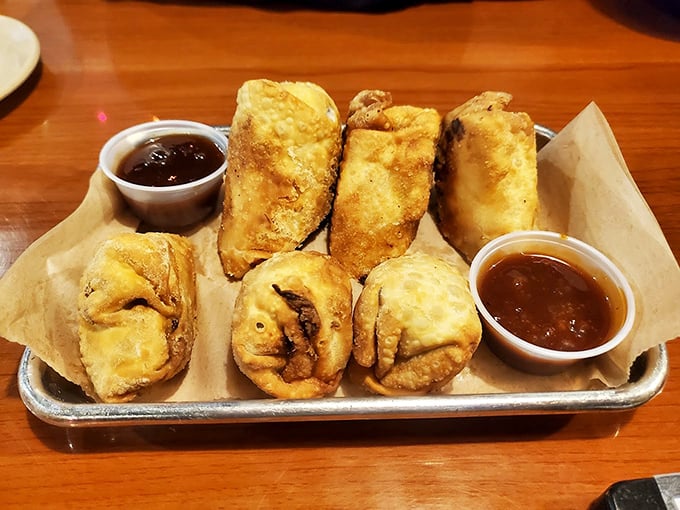 BBQ egg rolls – East meets South in these crispy packages. Whoever first stuffed barbecue into an egg roll deserves a Nobel Prize.