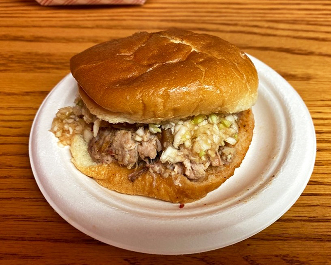 The barbecue sandwich that launched a thousand imitations. Notice how the meat is piled high without pretension&mdash;that's confidence.