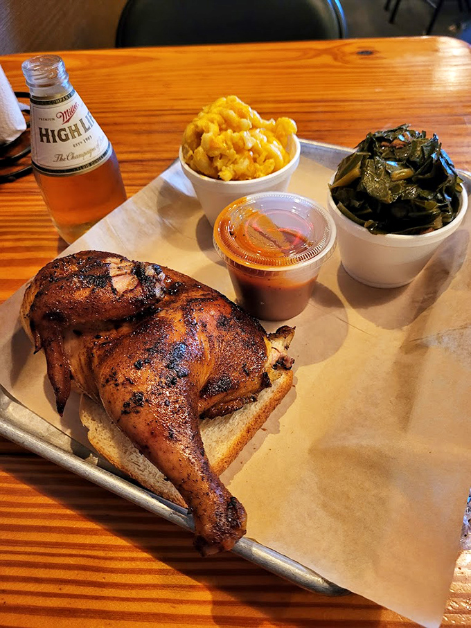 Smoked chicken that's traveled to flavor town and brought back souvenirs: mac and cheese that's unapologetically rich and collards cooked to Southern perfection.
