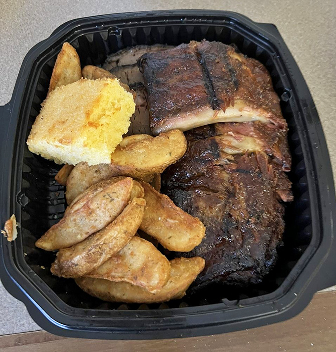 When barbecue comes in a to-go container this beautiful, the car ride home becomes an exercise in willpower that few have mastered. 