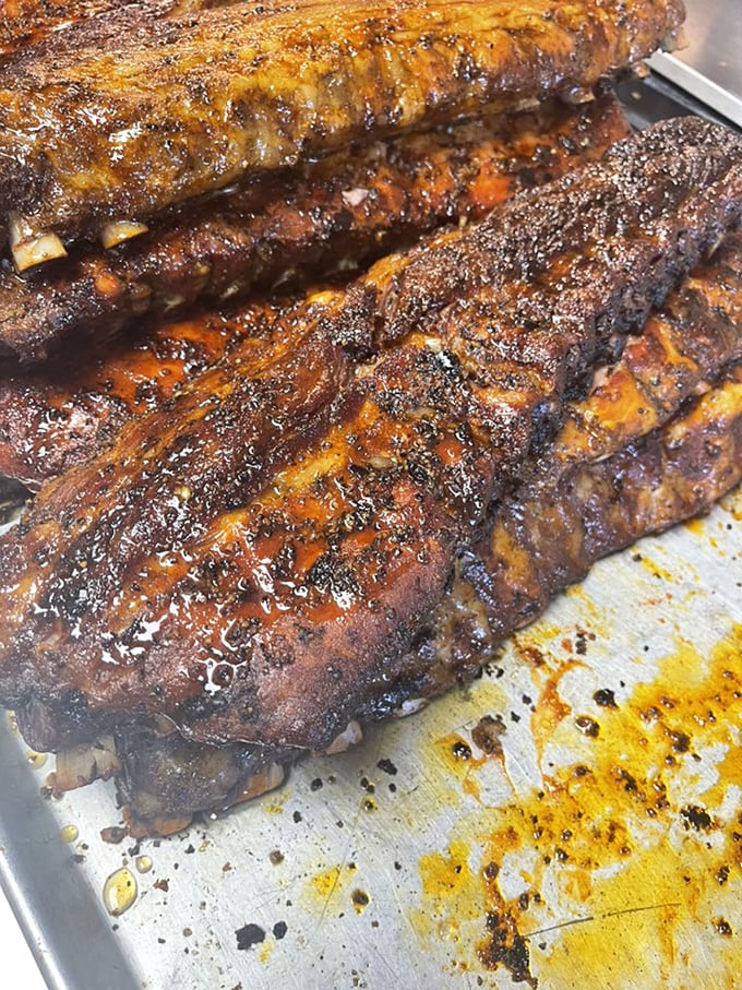 Ribs with a bark so beautiful, they deserve their own sonnet. The caramelized exterior gives way to meat that's achieved that perfect not-falling-off-the-bone tenderness.