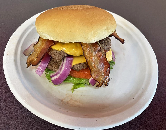 The bacon cheeseburger that makes vegetarians question their life choices. Fresh veggies add color to this masterpiece of American cuisine.
