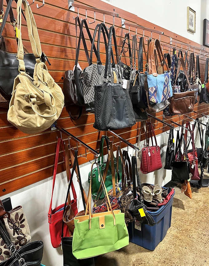 Bag ladies and gents, rejoice! This handbag wall features everything from practical totes to statement purses waiting for their second act.