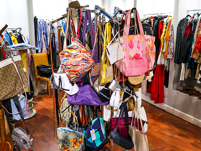 Handbag heaven! Designer purses and colorful totes hanging like exotic fruit, ripe for the picking at a fraction of retail prices.