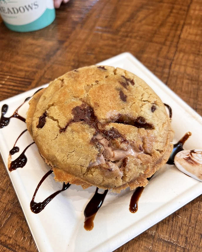 This warm cookie creation drizzled with chocolate sauce isn't just dessert &ndash; it's what dreams are made of when cookies fall asleep thinking about ice cream.