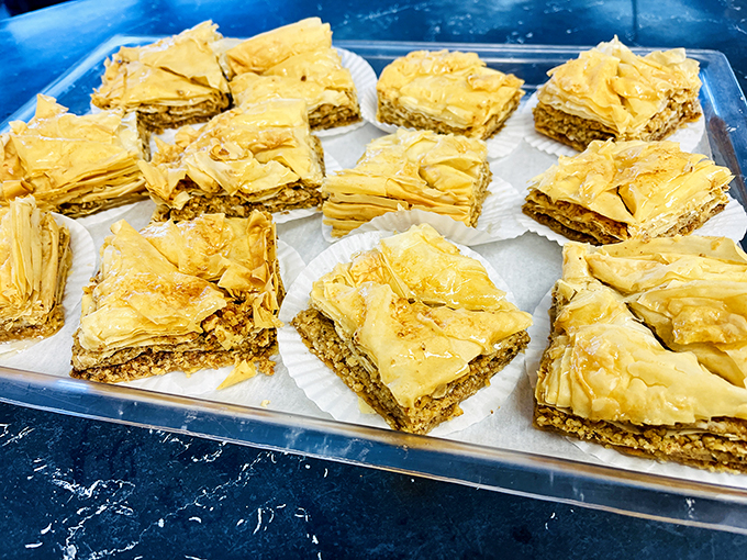 Baklava squares that would make any Greek grandmother nod in approval. Flaky, honey-soaked layers that shatter delicately with each heavenly bite.