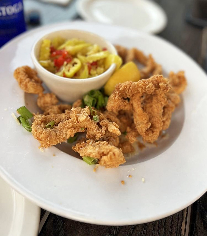 Crispy calamari that even squid-skeptics would dive into, served with a tangy pepper garnish that brightens each golden bite.