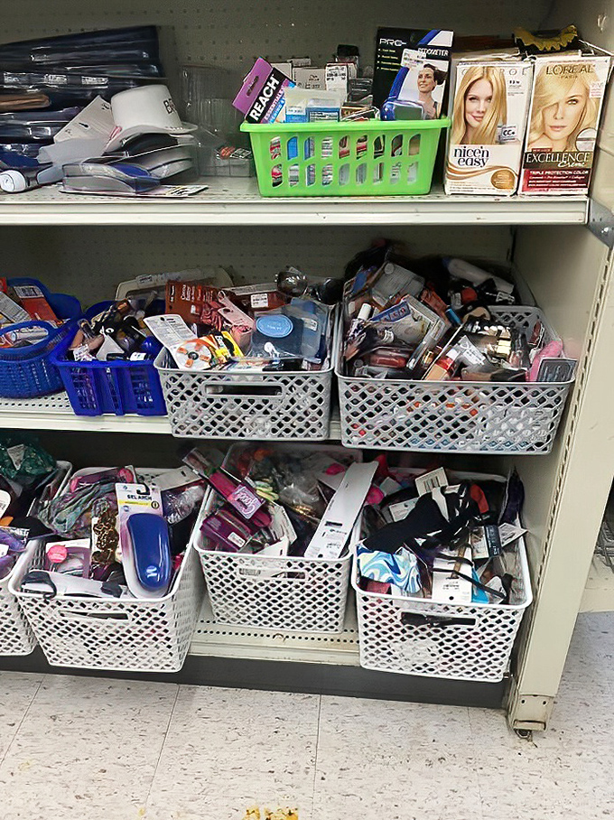 Beauty products and personal care items neatly organized in bins. Like an archaeological dig of America's bathroom cabinets from the last decade. 