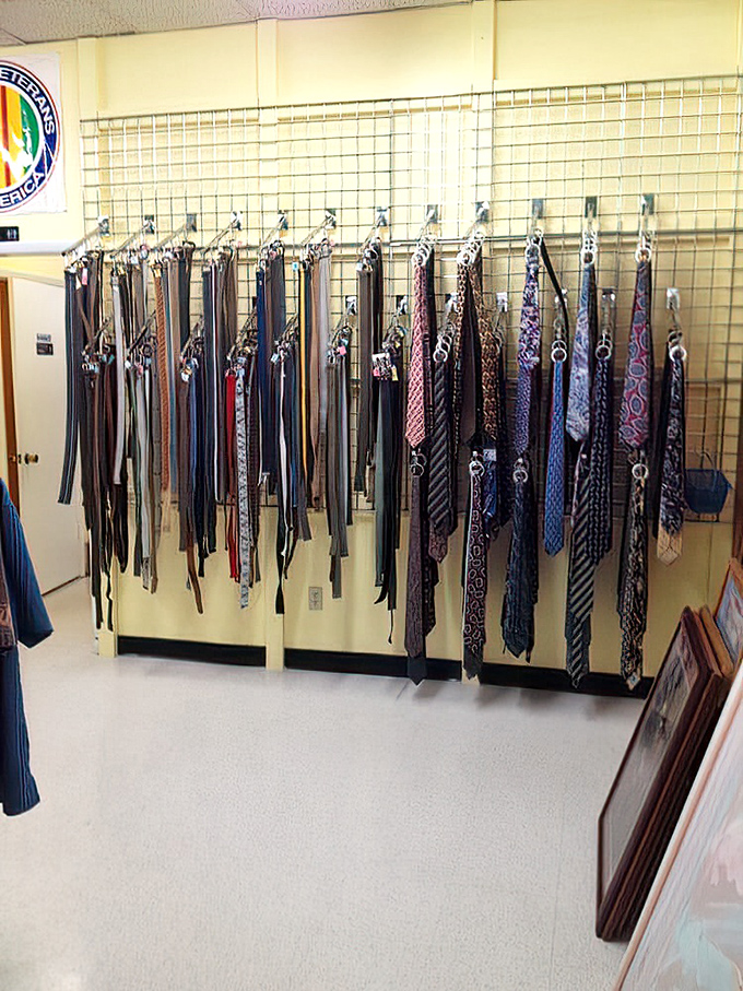 Neckwear nirvana! These ties and belts once cinched important meetings and weddings before retiring to this colorful display.