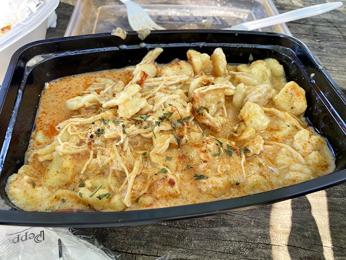 Another angle of the chicken paprikash that's worth crossing state lines for. Those tender dumplings swimming in that rich sauce? Pure magic on a plate.