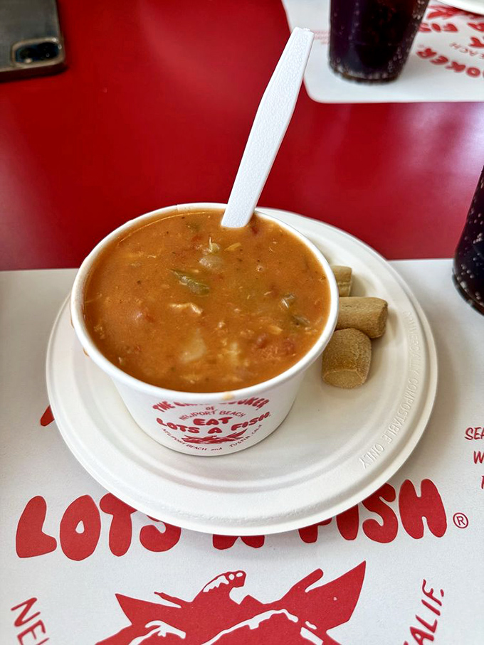 Manhattan-style clam chowder that would make New Englanders question their loyalty. Tomato-based perfection with oyster crackers standing by for dunking duty.