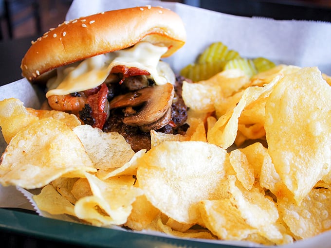 The Big Eyed Burger loaded with mushrooms and bacon &ndash; because sometimes you need more than just fish in your life.