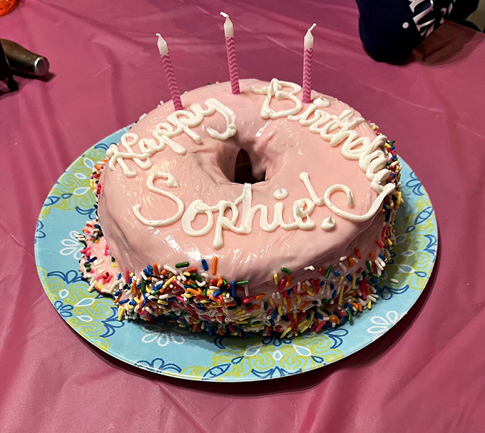 The birthday cake donut transforms the ordinary into celebration—complete with pink frosting, sprinkles, and childhood nostalgia.
