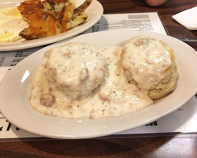 Biscuits and gravy that would make your grandmother both proud and jealous. This isn't just comfort food—it's a warm hug on a plate.