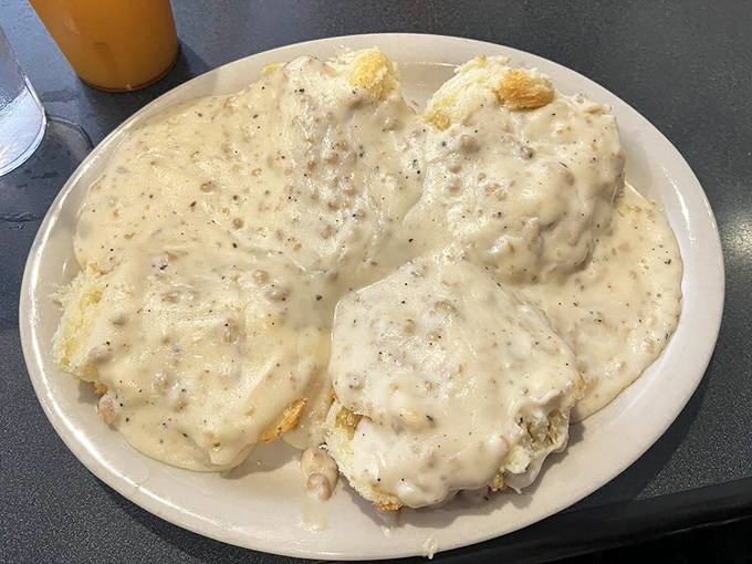 Biscuits and gravy: the Southern comfort blanket that makes everything better, especially when the gravy-to-biscuit ratio achieves mathematical perfection.