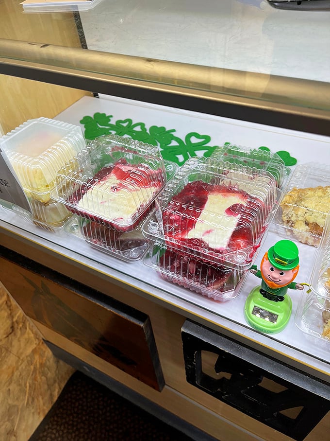 Desserts in the display case waiting to provide that sweet finale to your chicken feast. That leprechaun knows where the real gold is.