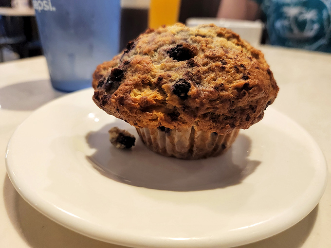 The star of the show in all its glory &ndash; a blueberry muffin so packed with berries it looks like it's trying to smuggle jewels across the border.