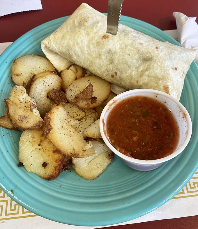 Breakfast burritos should always be this substantial&mdash;golden potatoes, a perfect wrap, and salsa with actual personality. Morning fuel done absolutely right.