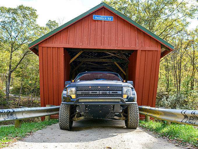 "Will it fit?" moments have been happening here since horse-and-buggy days. This Ford pickup navigates the passage with inches to spare.